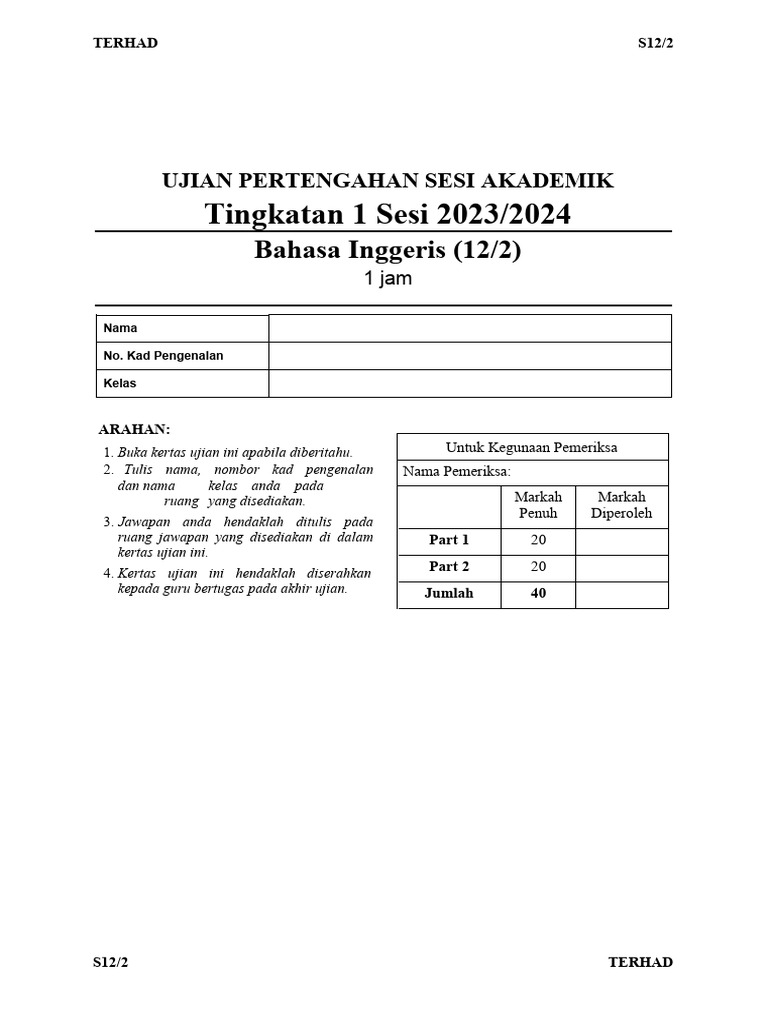 Kertas Ujian Pertengahan Sesi Akademik Bahasa Inggeris Tingkatan 1 05 | PDF