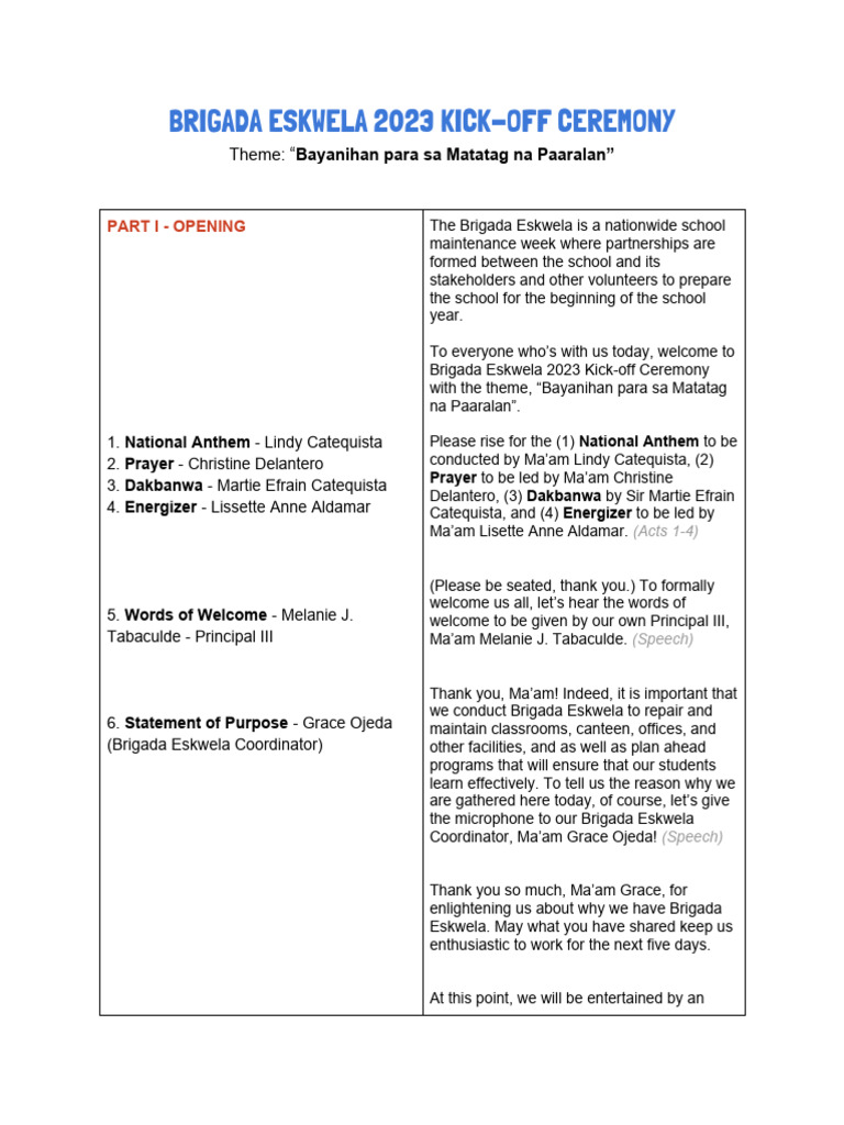Brigada Eskwela kick-off Ceremony Script | PDF