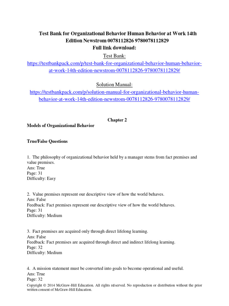 Test Bank For Organizational Behavior Human Behavior at Work 14th ...