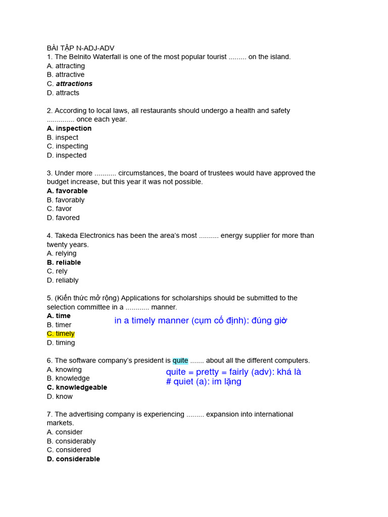 BÀI TẬP N ADJ ADV | PDF