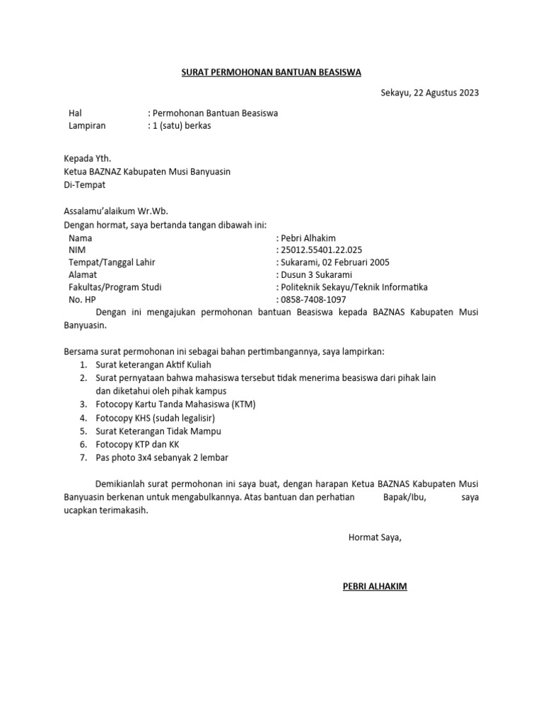 Surat Permohonan Bantuan Beasiswa Basnaz | PDF