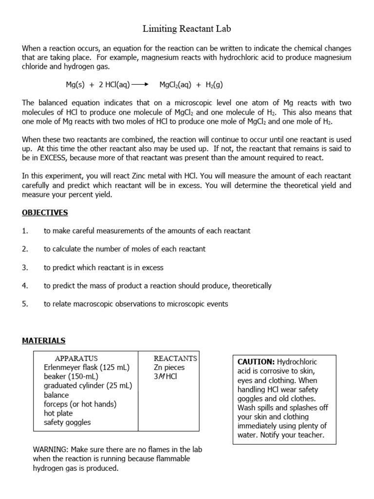 ZnCl2 Limiting Reactant Lab | PDF