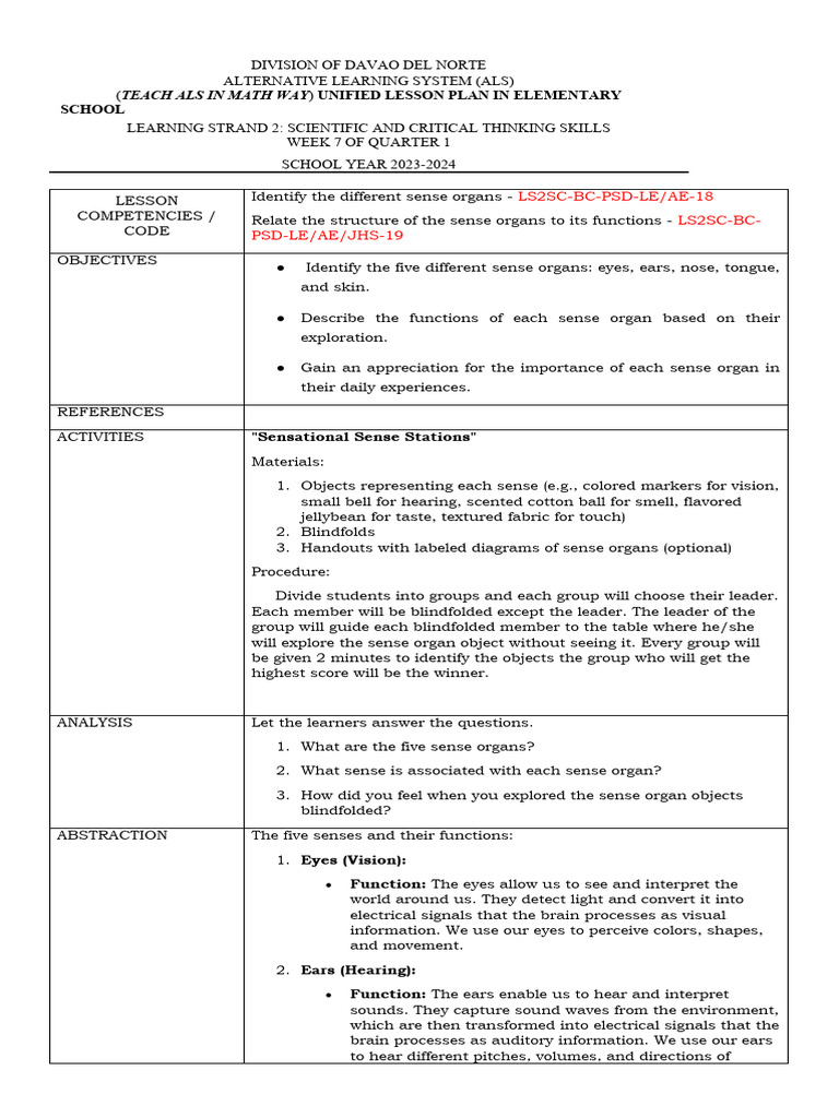 LS2SC-BC-PSD-LE/AE-18 LS2SC-BC-PSD-LE/AE/JHS-19: School | PDF | Taste | Senses