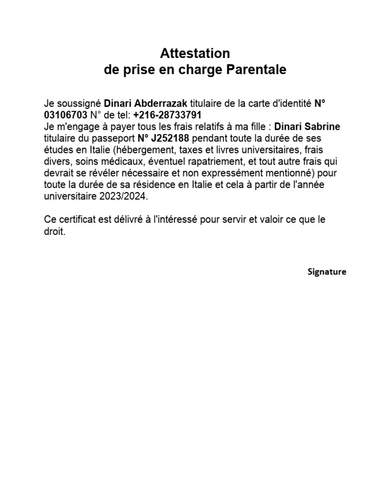 Attestation Prise en Charge Parentale | PDF