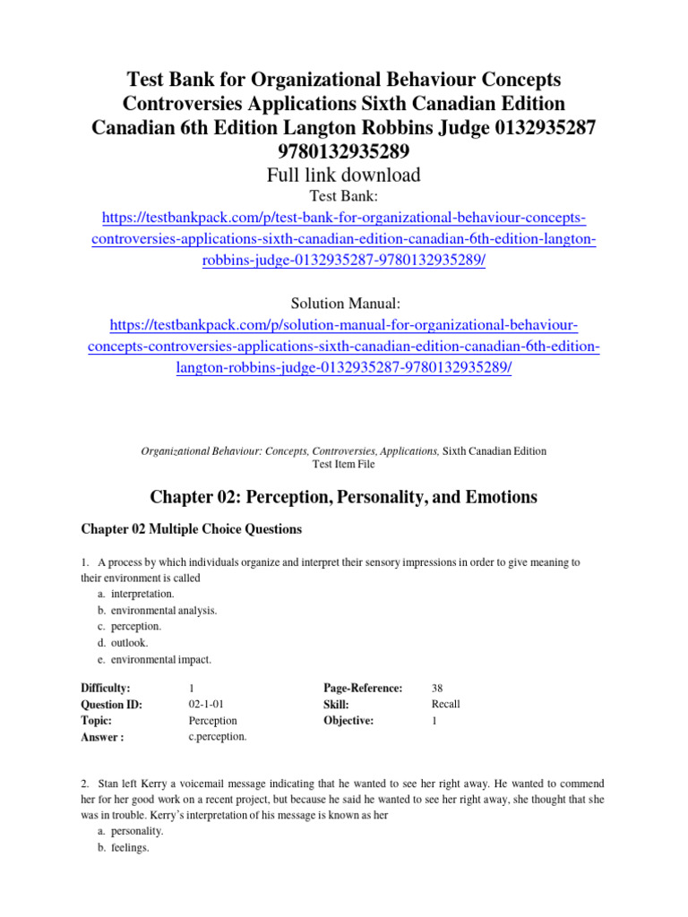 Test Bank For Organizational Behaviour Concepts Controversies ...