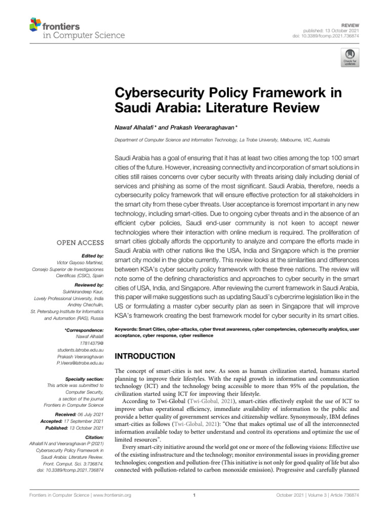 Cybersecurity Policy Framework In Saudi Arabialiterature Review Pdf