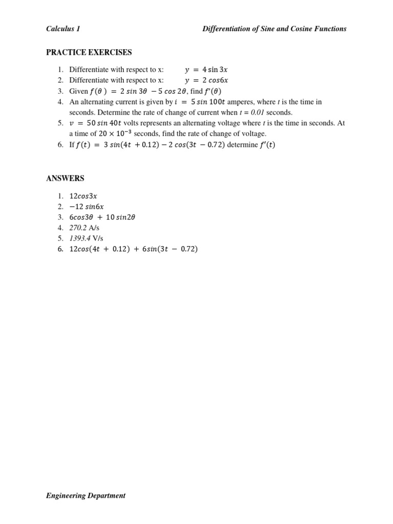 1 6 Differentiation Of Sine And Cosine Functions Practice Exercises Pdf
