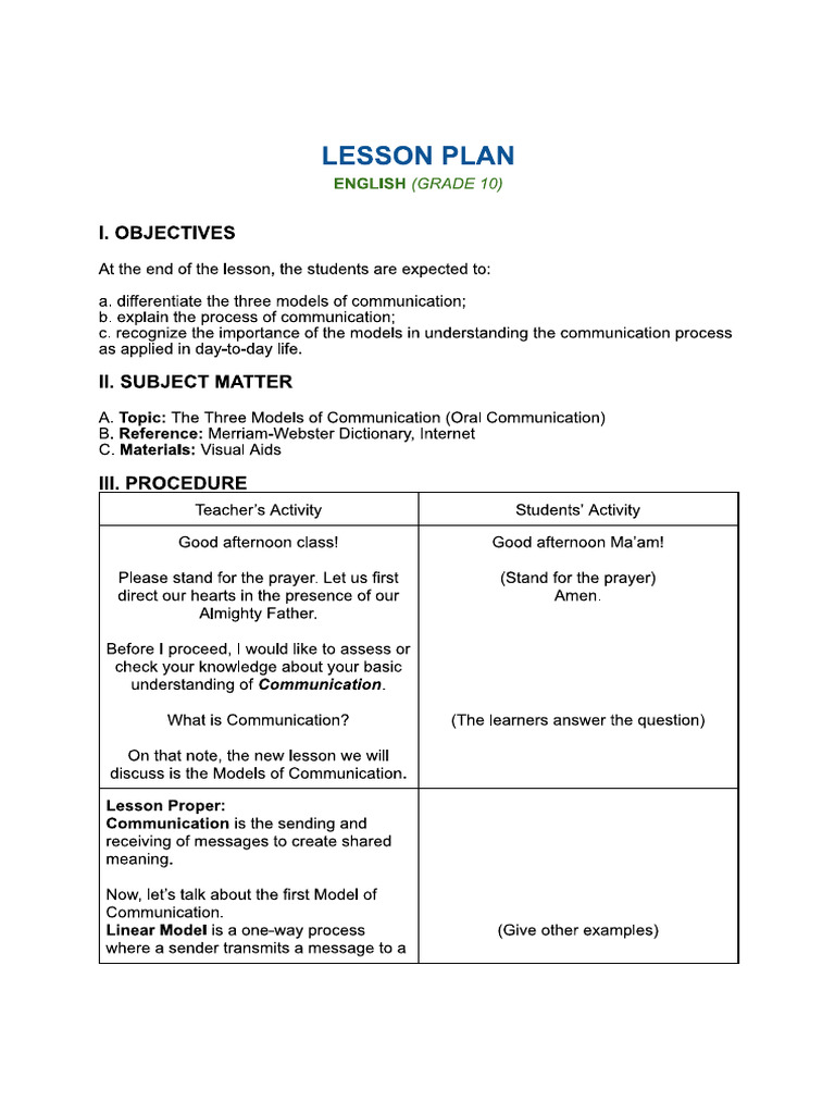 Lesson Plan (Grade 10) | PDF
