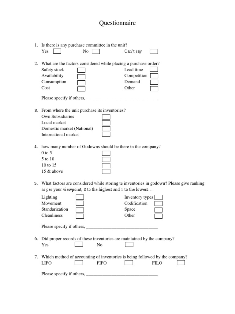 Questionnaire | PDF | Warehouse | Inventory
