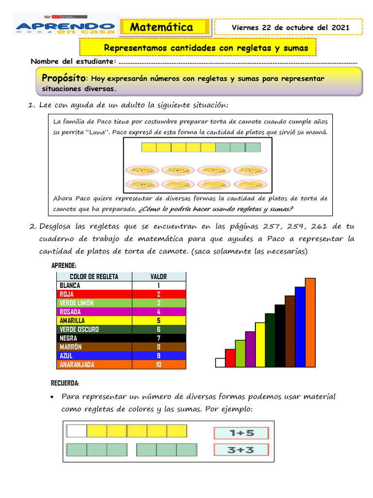 Ficha de Matemática Representamos Cantidades Con Regletas y Sumas - 10-2021 - 072759 | PDF