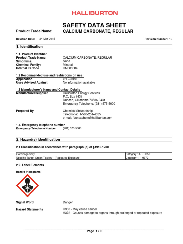 Calcium Carbonate Medium MSDS | PDF | Dangerous Goods | Silicon Dioxide