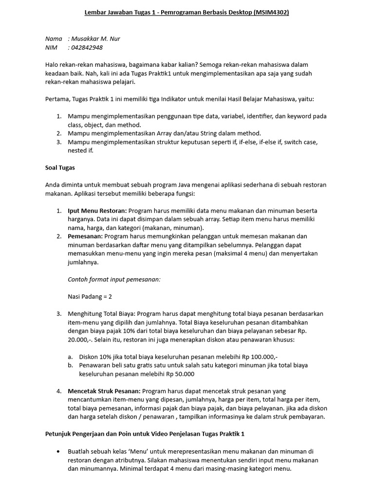 Lembar Jawaban Tugas 1 - Pemrograman Berbasis Desktop (MSIM4302) | PDF