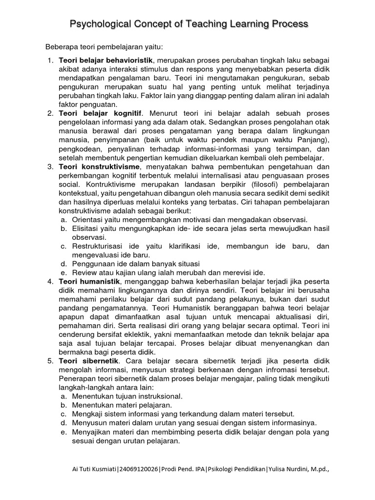 Psychological Concept of Teaching Learning Process | PDF