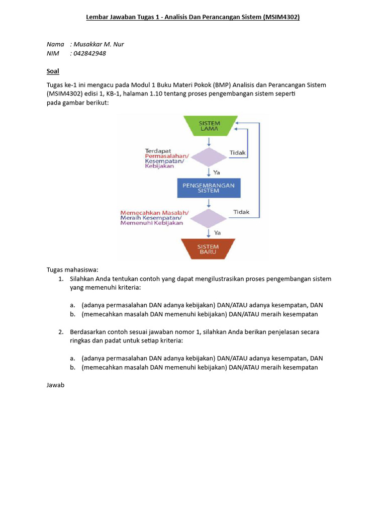 Lembar Jawaban Tugas 1 - Analisis Dan Perancangan Sistem (MSIM4302) | PDF