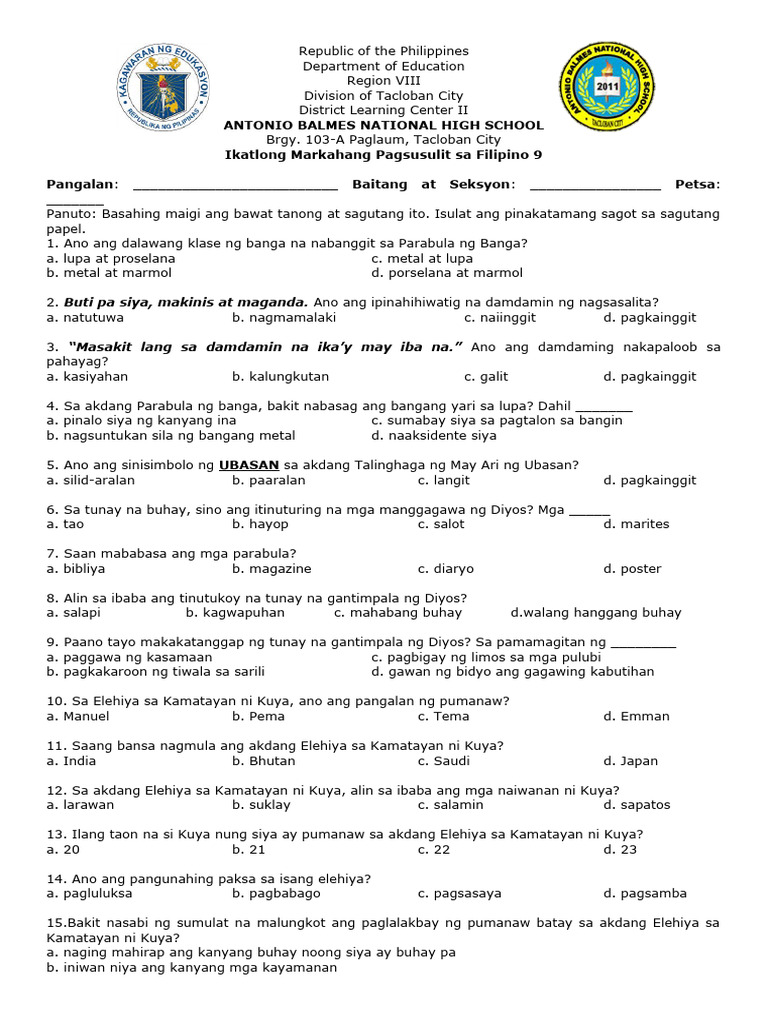3rd Grading Filipino 9 | PDF