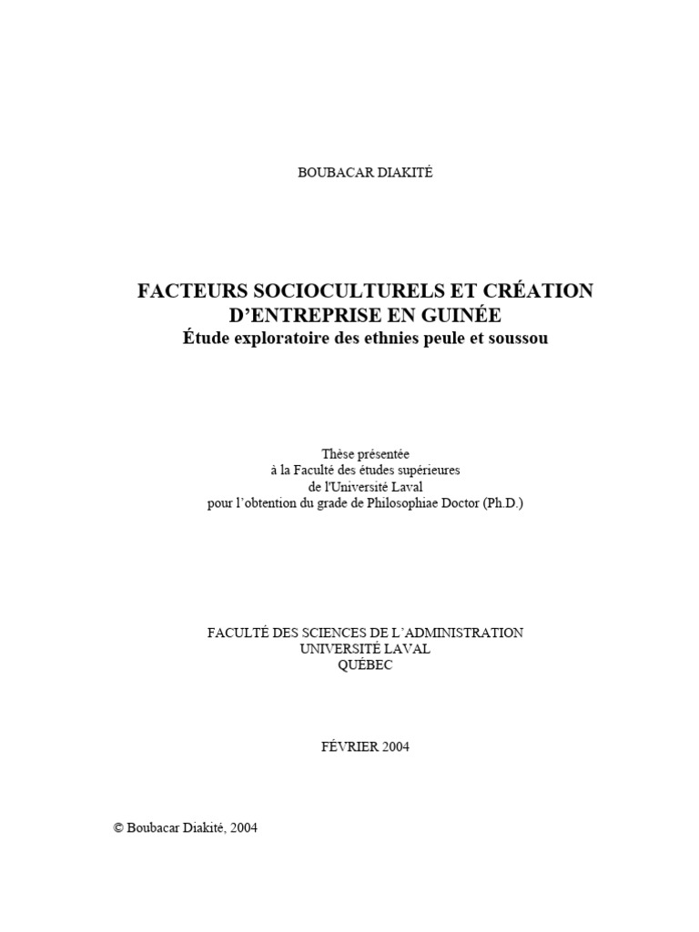 Facteurs Socioculturels Et Création D'Entreprise en Guinée: Étude ...
