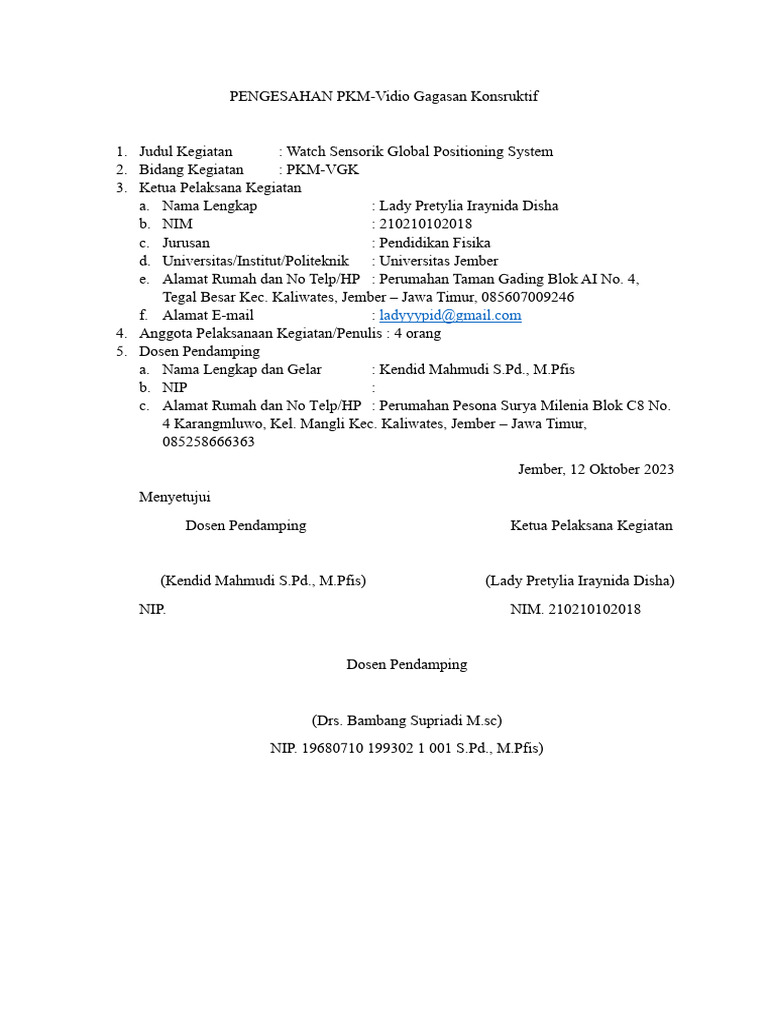 Lembar Pengesahan PKM-VGK | PDF