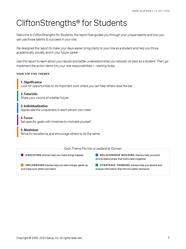 CliftonStrengths For Students Sample Report | PDF