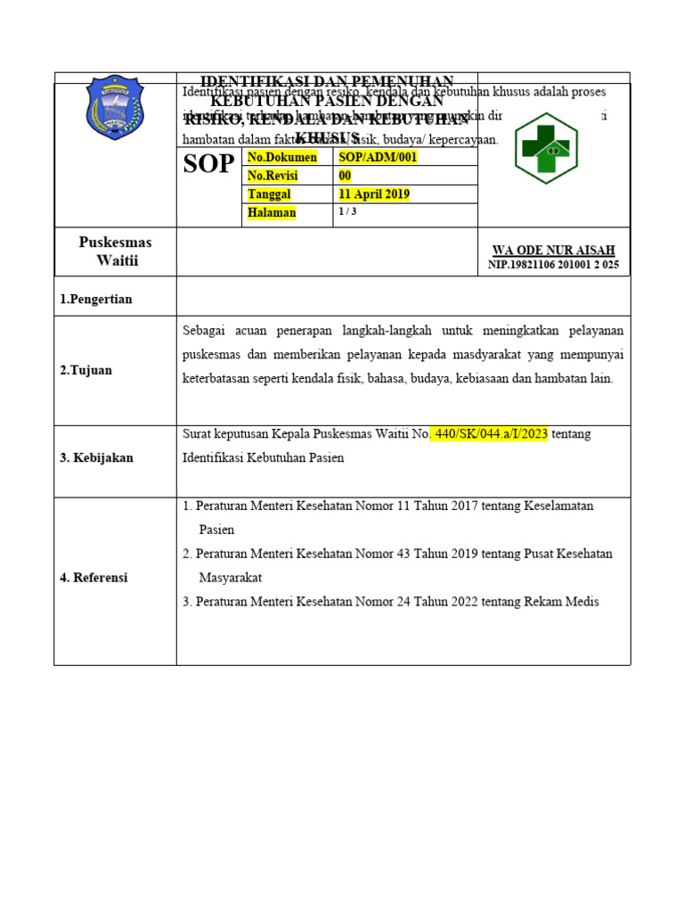 Sop Identifikasi Dan Pemenuhan Kebutuhan Pasien Dengan Risiko | PDF | Sains & Matematika