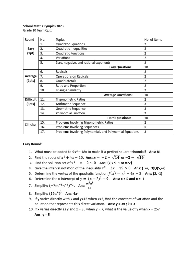 Grade 10 Team Quiz | PDF