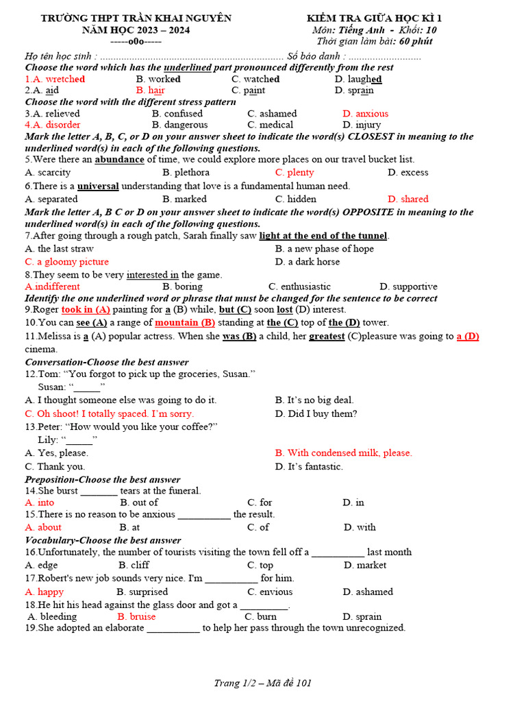 k10 Giua Ky Hk1 Minh Thu Nh2324 | PDF