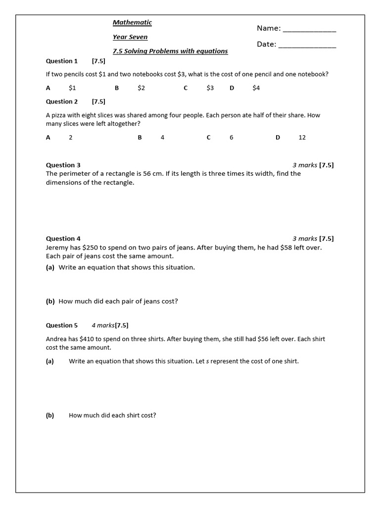 REVIEW Class 7 Math T3 W7 | PDF | Equations | Mathematical Objects