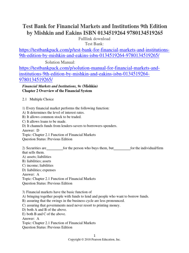 Test Bank For Financial Markets and Institutions 9th Edition by Mishkin ...