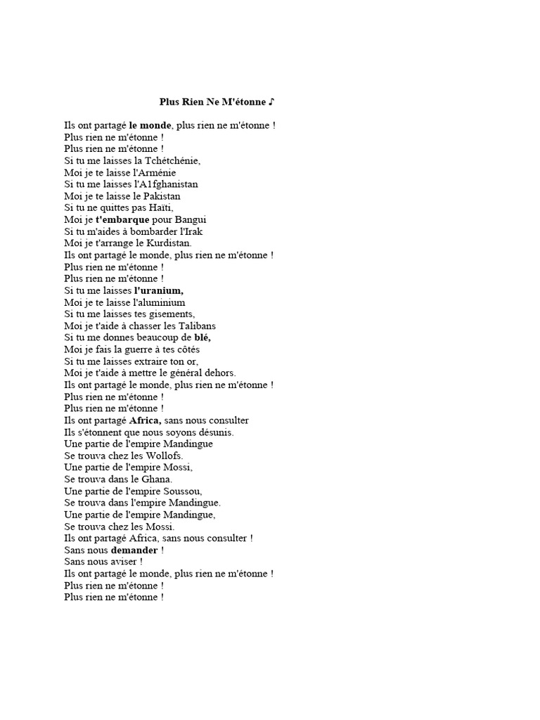 2. Parole de chanson Plus rien ne m'étonne de Tiken Jah | PDF