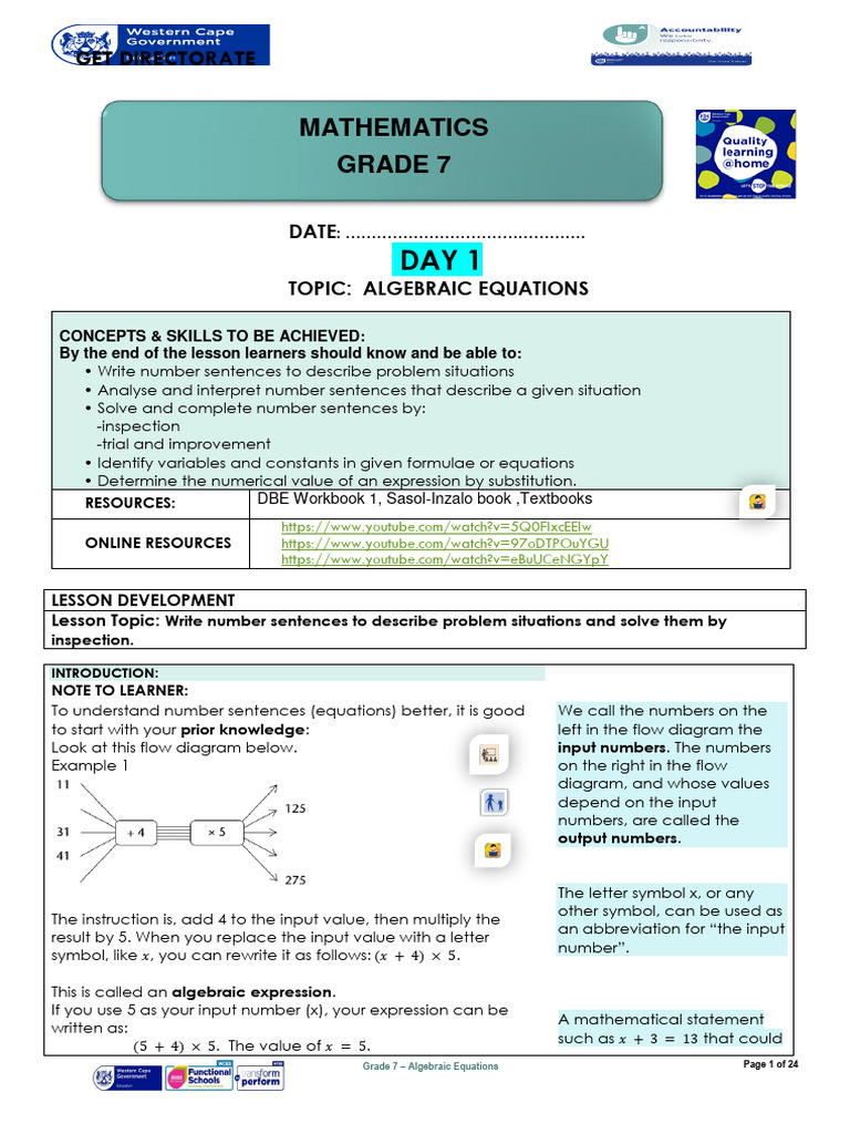 Lesson Plan GR 7 Mathematics Term 3 Algebraic Equations | PDF Lesson Plan GR 7 Mathematics Term 3 Algebraic Equations | PDF