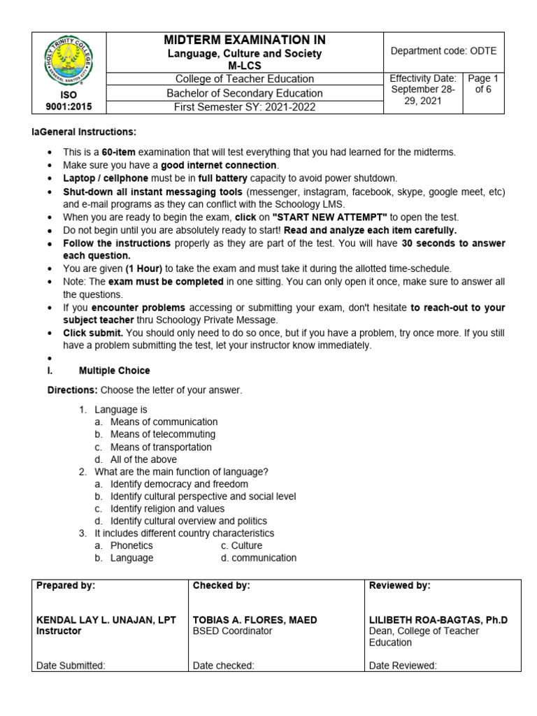 Midterm Examination In: College of Teacher Education Bachelor of Secondary Education First ...