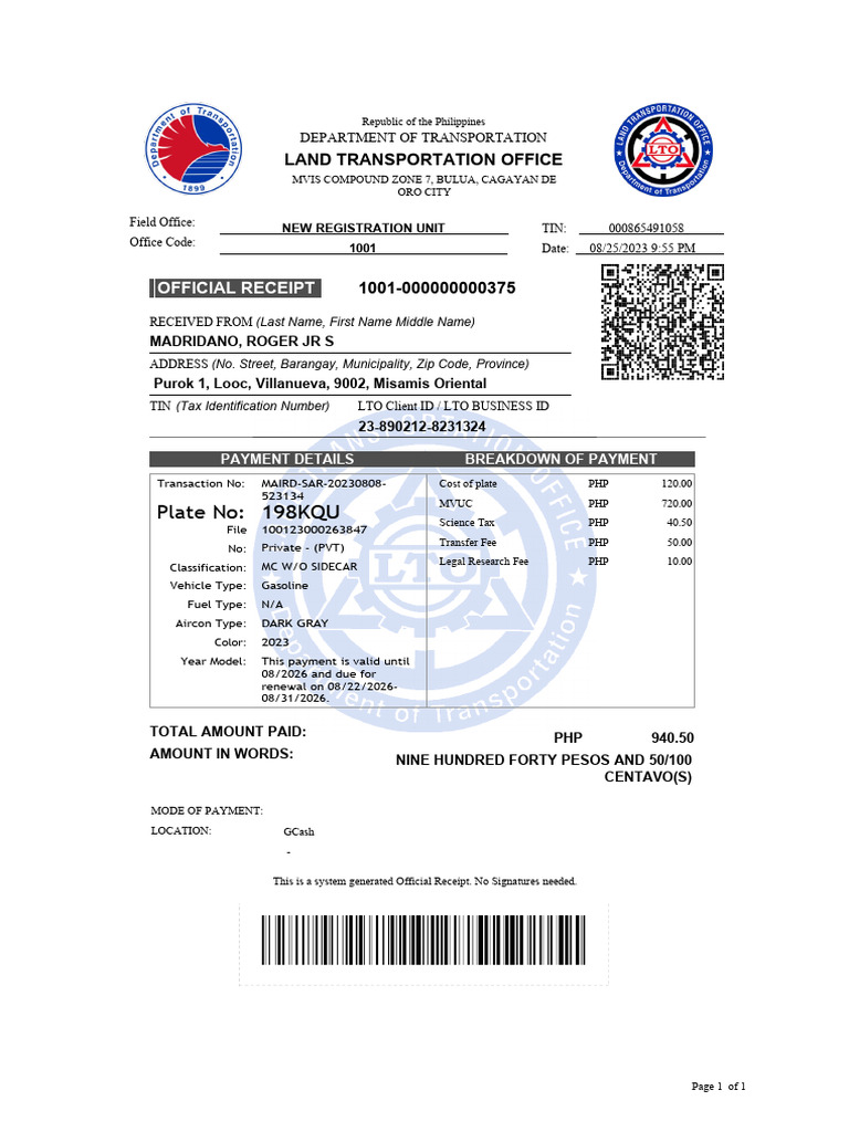 Plate No: 198KQU: Official Receipt | PDF