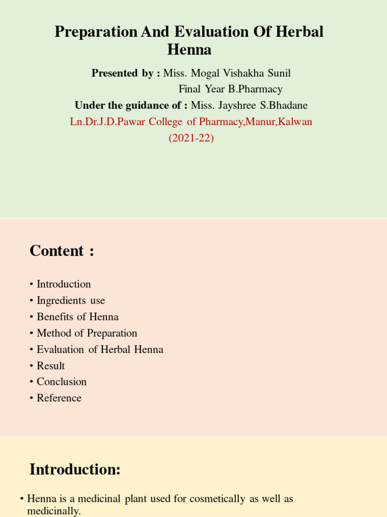 Project Presentation Formulation and Evaluation of Herbal Henna | PDF