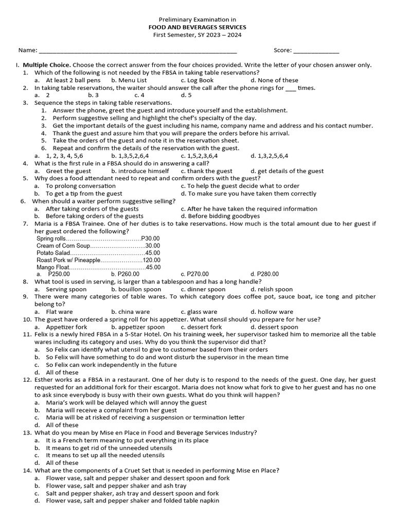 Preliminary Exam for FBSA Trainees | PDF | Career & Growth | Cooking ...