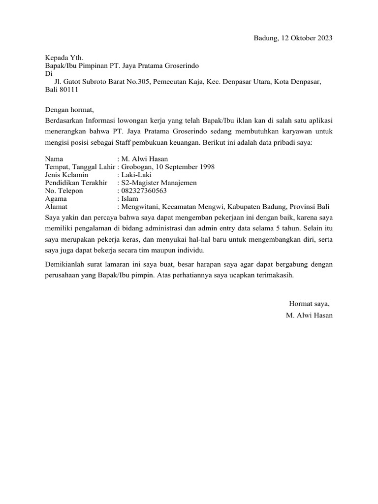 Contoh Lamaran Pekerjaan | PDF