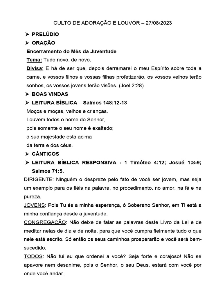 Culto Roteiro 27.08.2023 | PDF