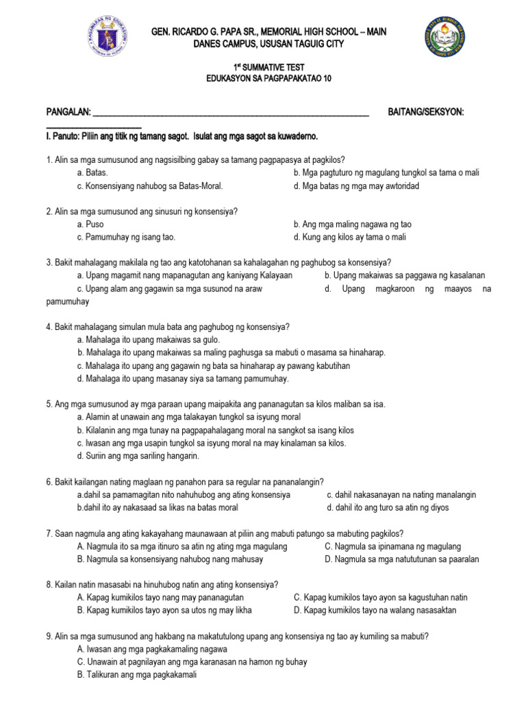 1st Summative Test | PDF