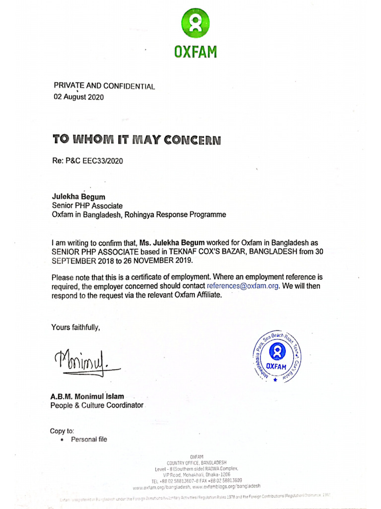 Oxfm Bangladesh Experience Certificate | PDF