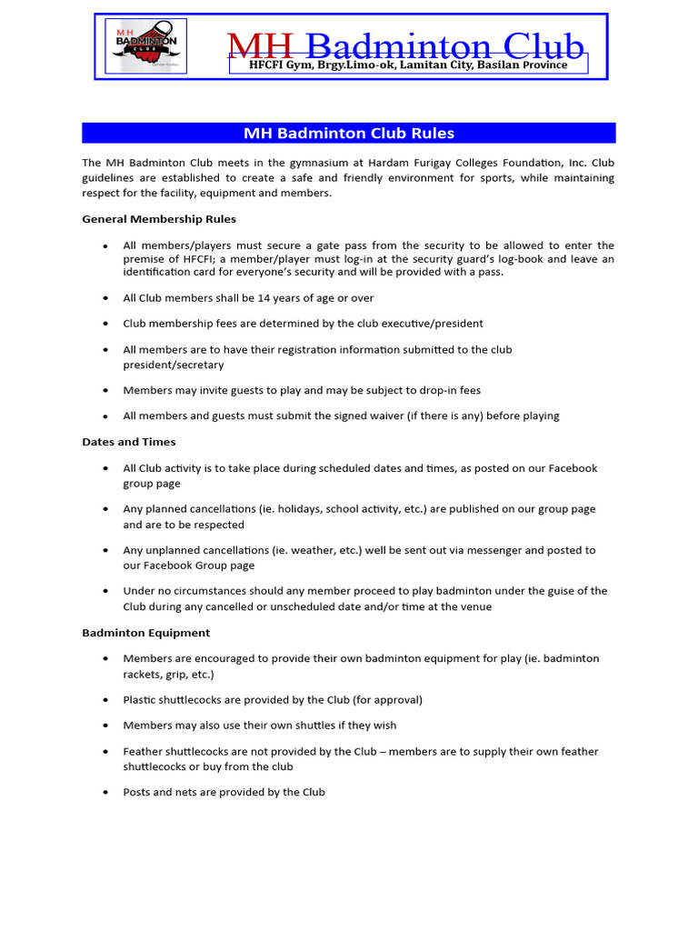 MH Badminton Club House Rules | PDF | Sports & Recreation
