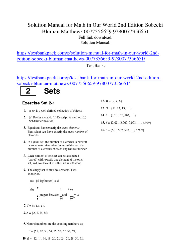 Solution Manual For Math in Our World 2nd Edition Sobecki Bluman Matthews 0077356659 ...