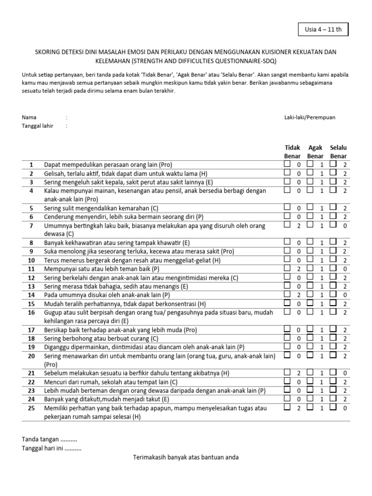 Skoring Deteksi Dini Masalah Emosi Dan Perilaku Dengan Menggunakan Kuisioner Kekuatan Dan ...