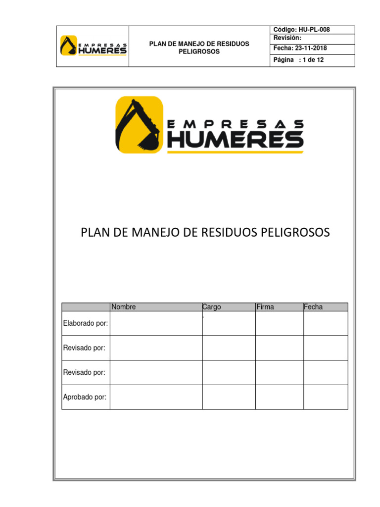 HU-PL-008 PLAN DE MANEJO DE RESIDUOS PELIGROSO Rev.0 | PDF