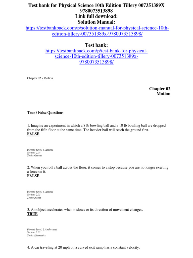 Test Bank For Physical Science 10th Edition Tillery 007351389X ...