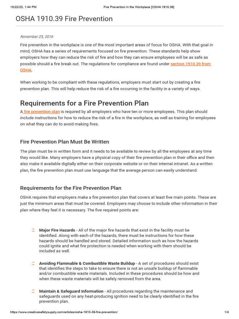 Fire Prevention in The Workplace (OSHA 1910.39) | PDF