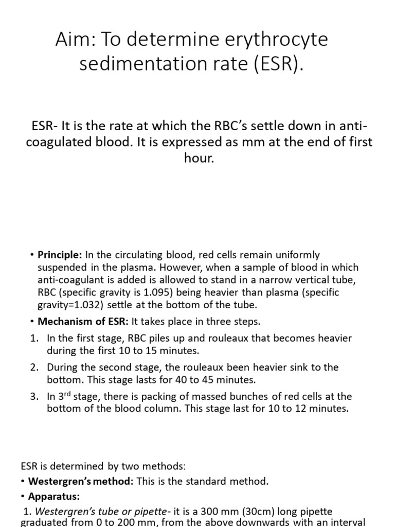 Aim: To Determine Erythrocyte Sedimentation Rate (ESR) | PDF | Medical ...