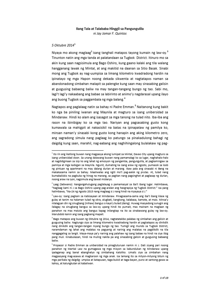 Jay Jomar F. Quintos Ilang Tala at Talababa Hinggil Sa Pangungulila 1 | PDF