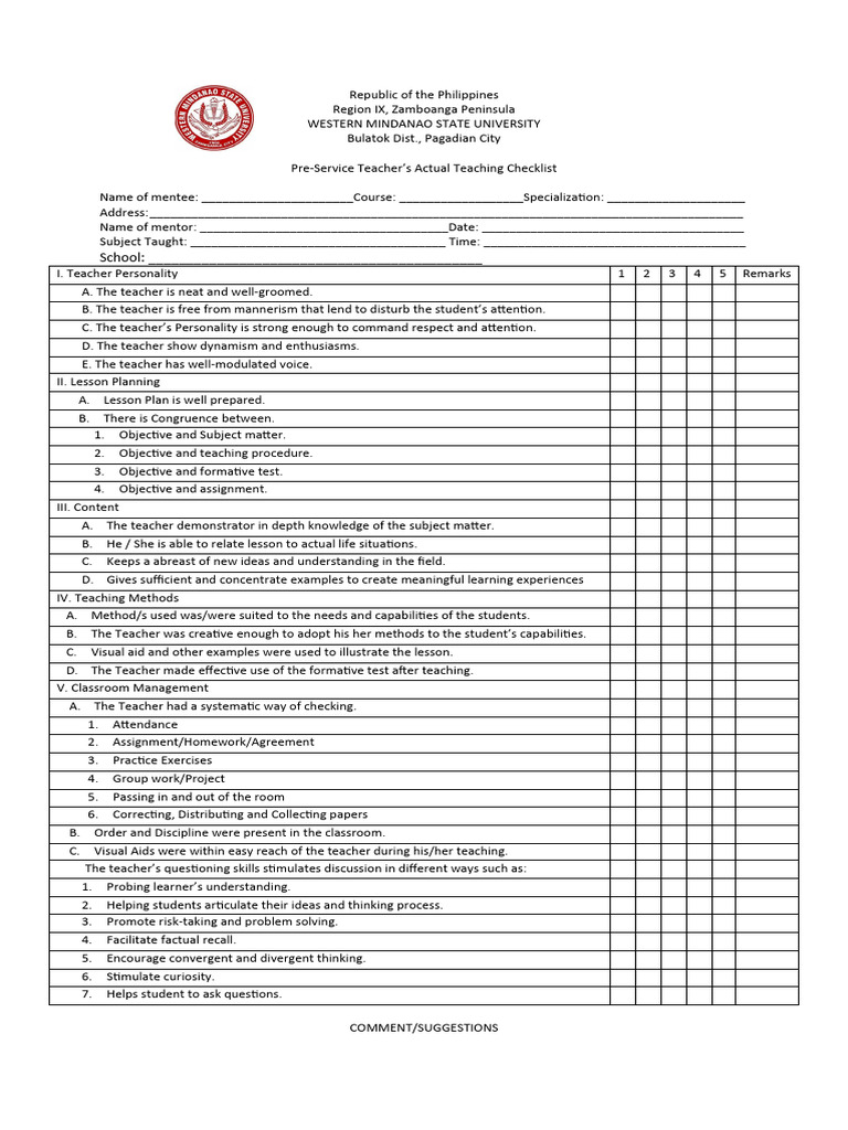 Pre-Service Teacher Evaluation Checklist | PDF | Career & Growth | Self ...