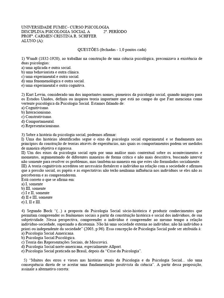 Psicologia Social Modelo de Prova | PDF