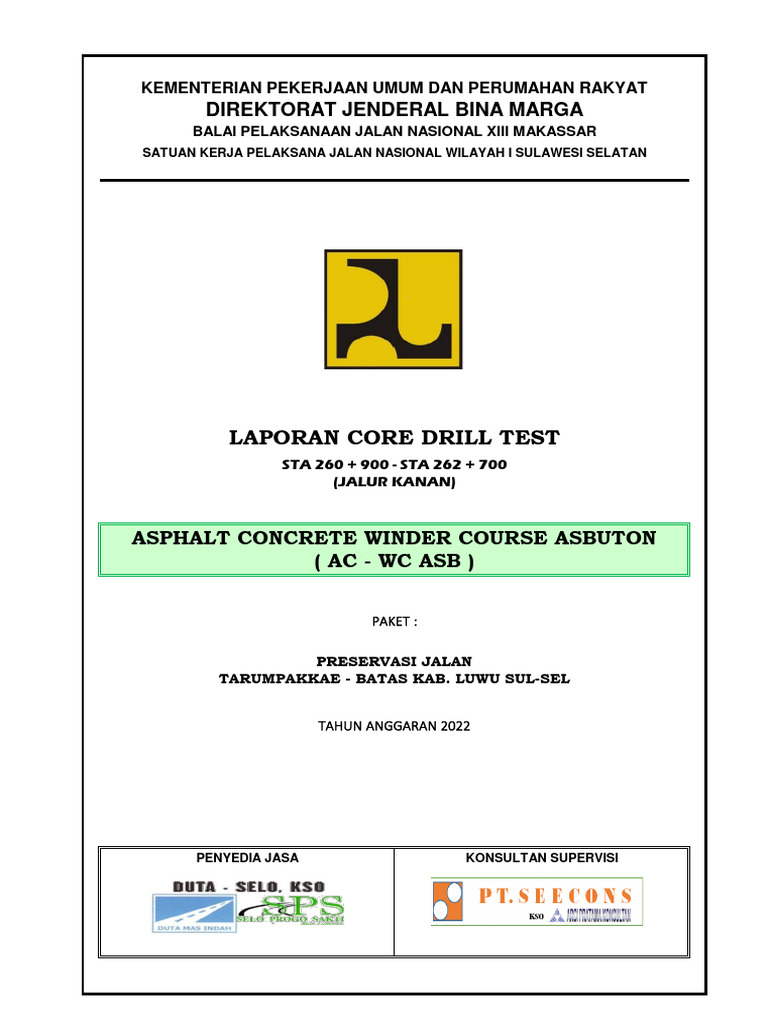 Laporan Uji Core Drill Jalan Tarumpakkae | PDF