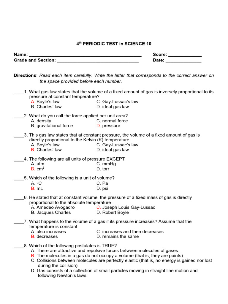 Periodic Test Science 10 Q4 | PDF | Gases | Carbohydrates