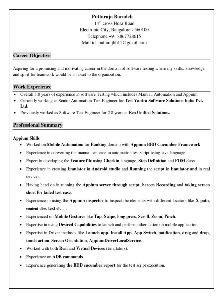 Appium Resume Puttaraja Baradeli | PDF